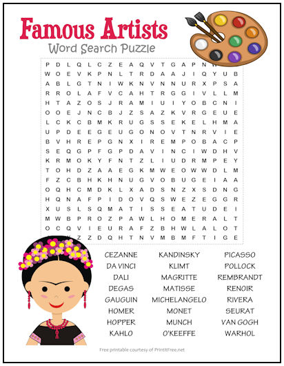 Famous Artists Word Search Puzzle Print It Free Famous Artists Word Search Puzzle Print It Free
