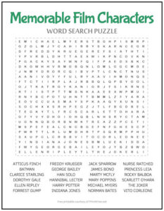 Memorable Film Characters Word Search Puzzle | Print it Free