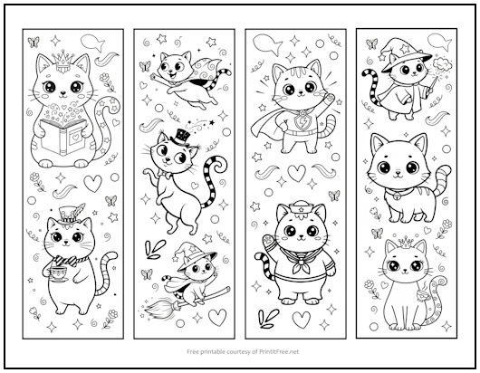Whimsical Cats Bookmarks to Color | Print it Free