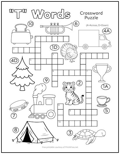 Letter “T” Words Crossword Puzzle for Kids | Print it Free